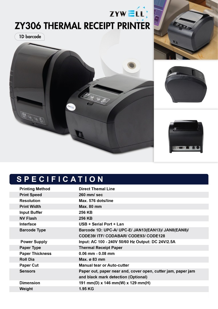 Zywell ZY306 Thermal Receipt Printer ( USB + SERIAL PORT + LAN ...