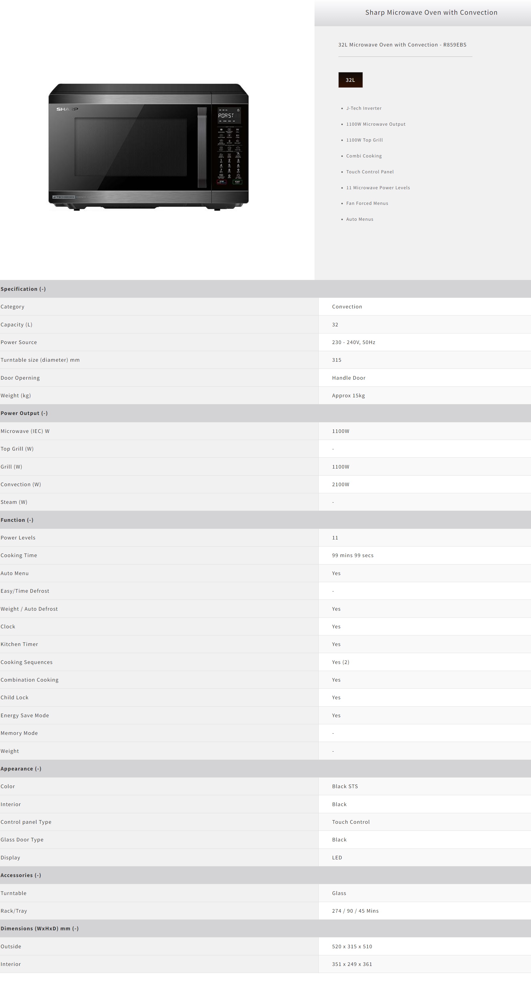 Sharp J-Tech Inverter Microwave Oven with Grill & Convection 32L 1100W ...