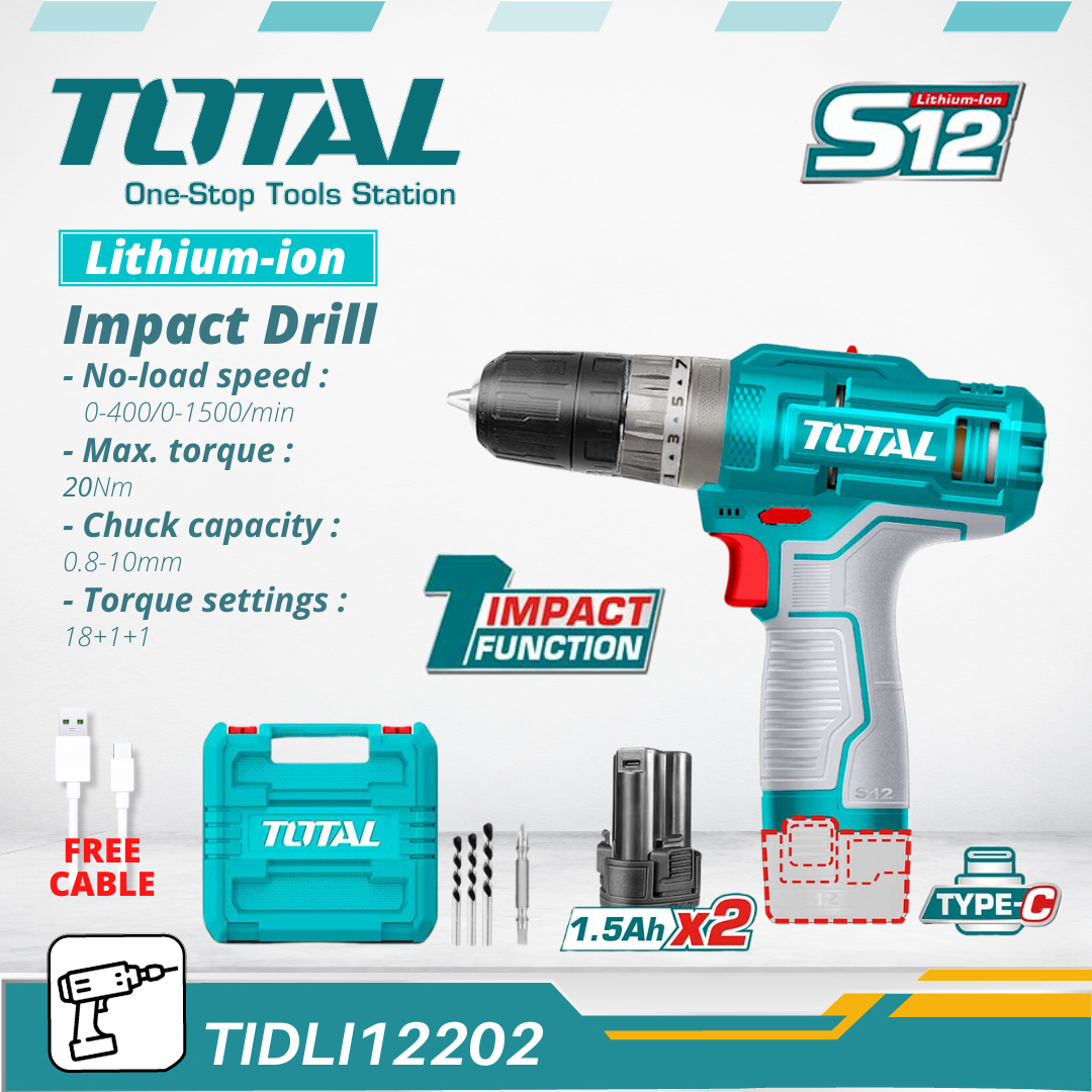 TOTAL TOSLI240467 S12 12V Li-ion Impact Drill with Drill Bits Set ...
