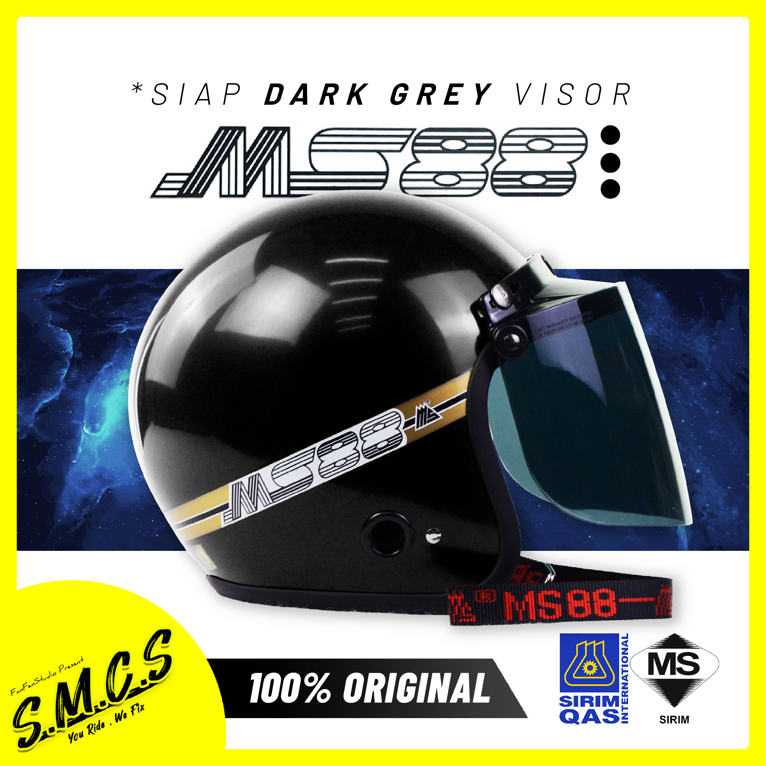 [𝟭𝟬𝟬%𝗢𝗥𝗜] MS88 Helmet Siap Dark Grey Visor MS Tali Tulisan Merah Sirim ...