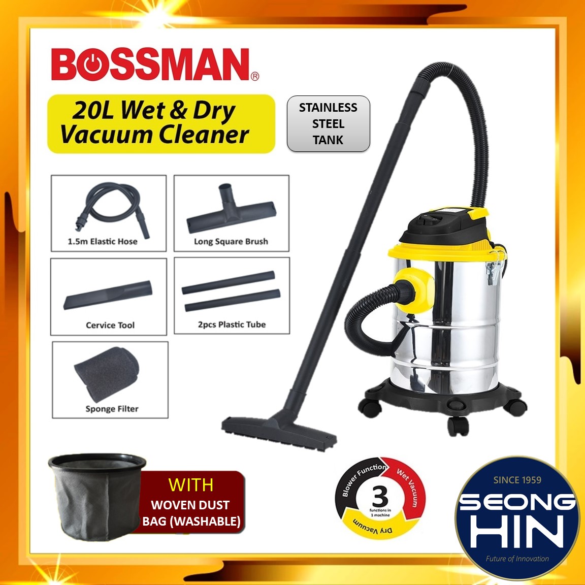 BOSSMAN 1700w Stainless Steel Industrial Wet & Dry Heavy Duty Vacuum ...