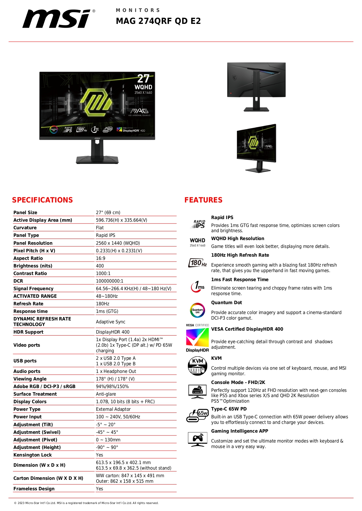 MSI MAG 274QRF QD E2 / 274QRF-QD E2 GAMING MONITOR ( 27" WQHD / RAPIS ...