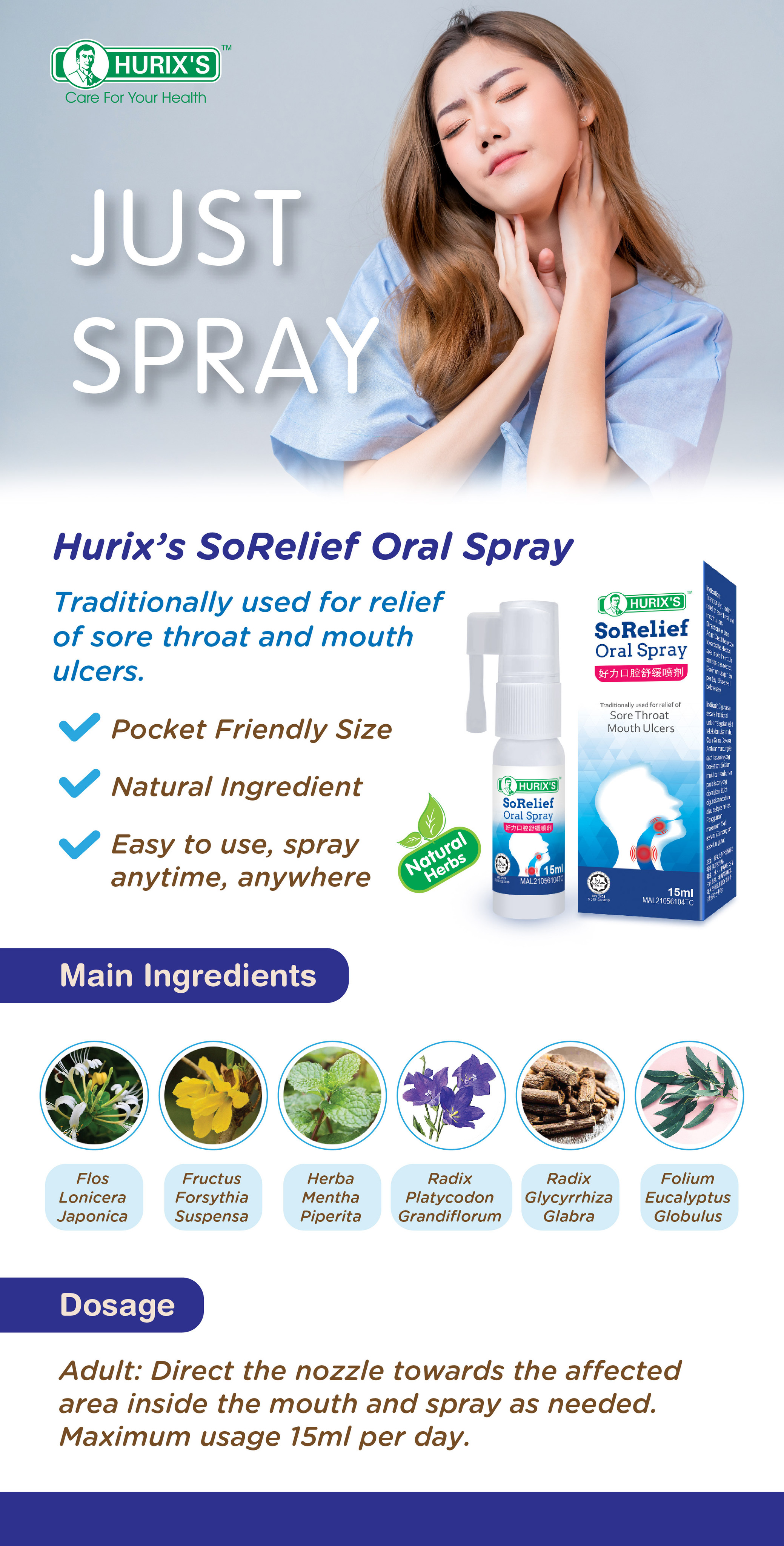 HURIX's SoRelief Oral Spray, 15ml - Sore Throat | Mouth Ulcer | Sakit ...