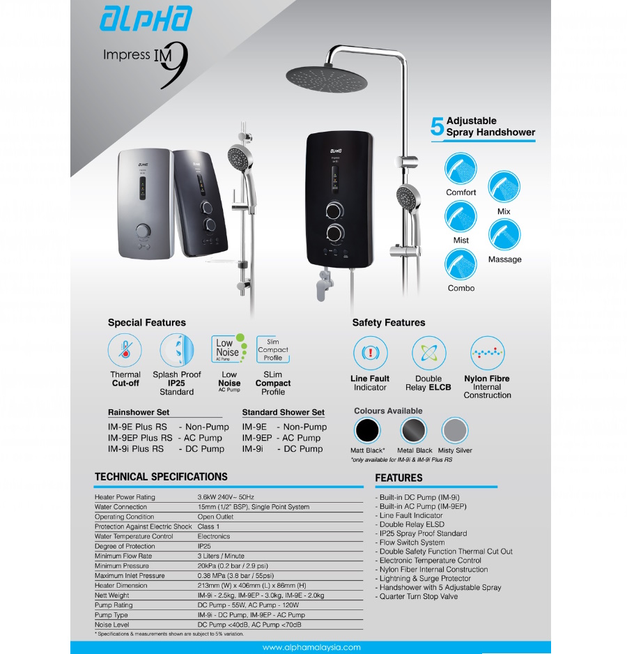 Alpha Instant Water Heater 4.5kW / 3.8kW (DC Pump/Rain Shower/AC Pump/No Pump) IM-9i IM-9EP IM ...