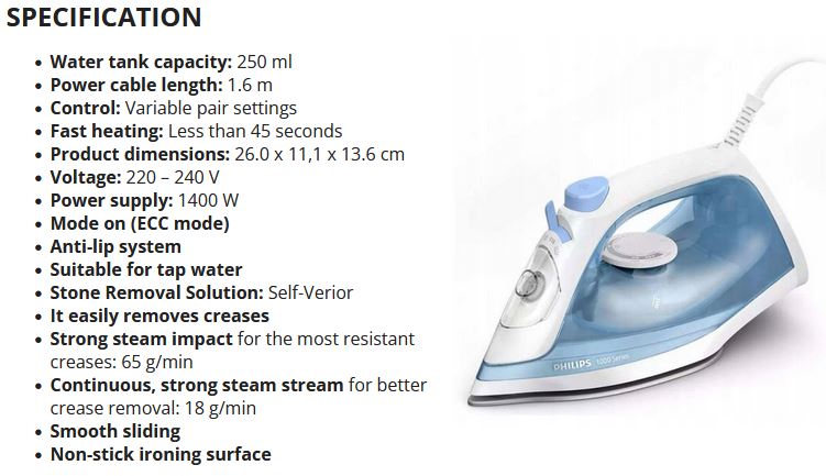 PHILIPS 14OOW STEAM IRON WITH NON-STICK TEFLON PLATE DST1010/20 ...