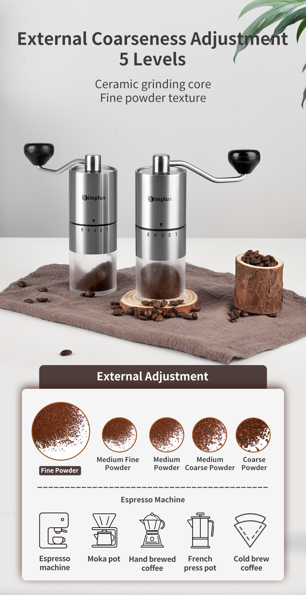 Simplus Manual Coffee Bean Grinder | 5 levels External Coarseness ...