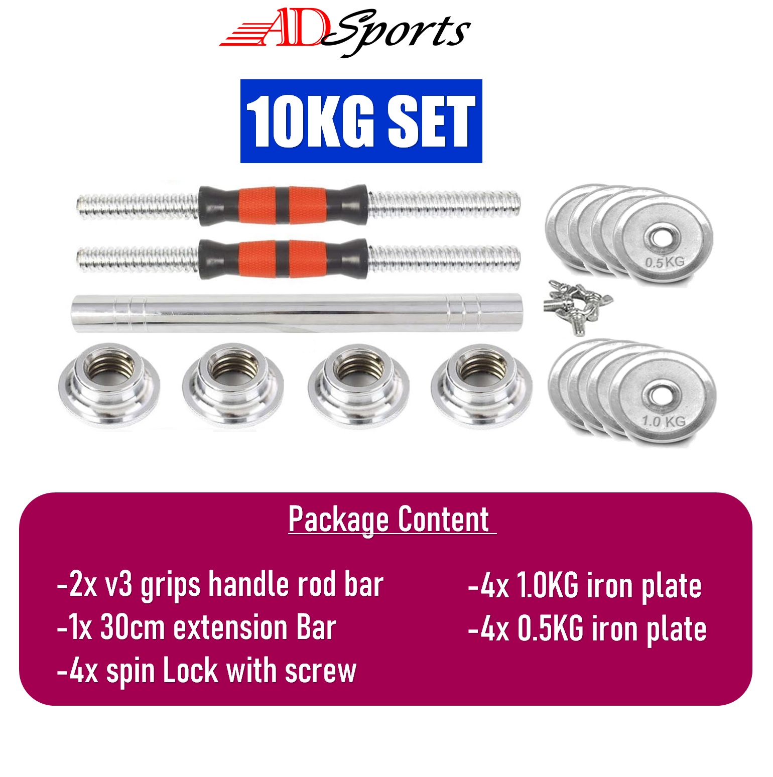 💥 Dumbbell Dumbell 10KG Iron Chrome Quality GYM IRON Bumper Dumbbell Set with FREE 30CM Extender ...