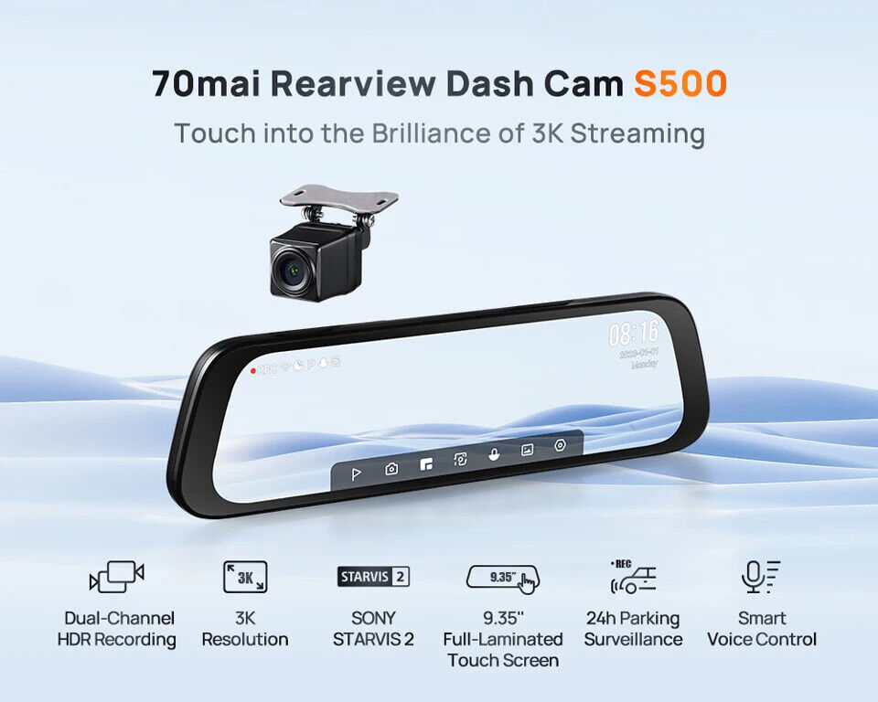 70mai S500 Rearview Dashcam & Rear Cam RC13 Set with Front & Rear Dual ...