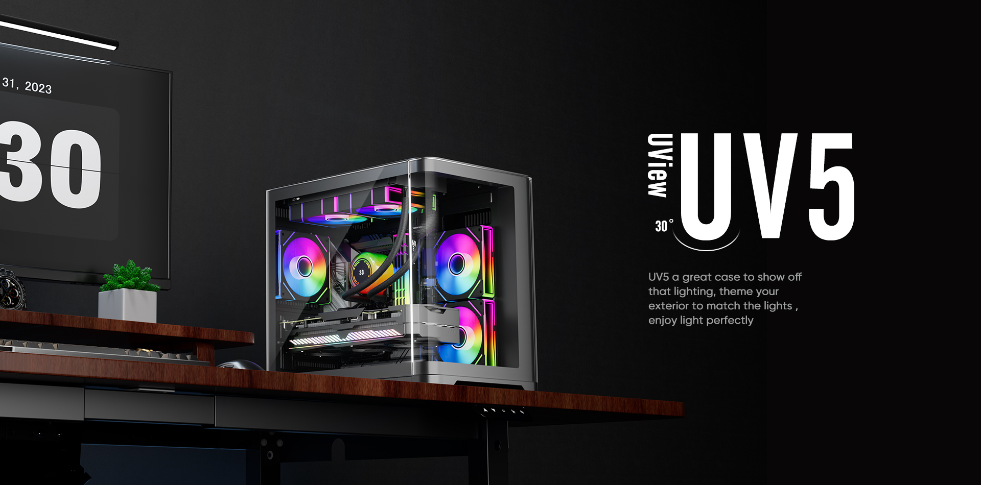 1st Player UVIEW UV5 Micro-ATX Gaming PC Casing with U-Shaped Tempered Glass - Black/White ...