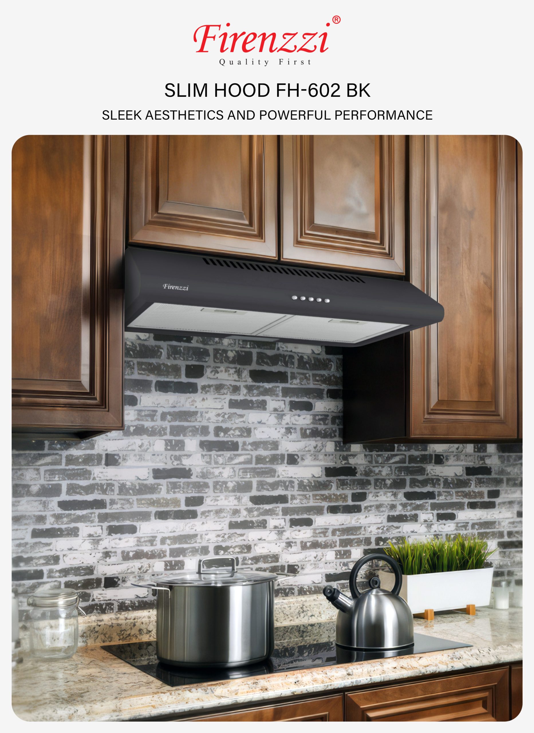 FIRENZZI 1390m³/hr Slim Hood Cooker Hoods Low noise 60CM FH-602 BK High ...