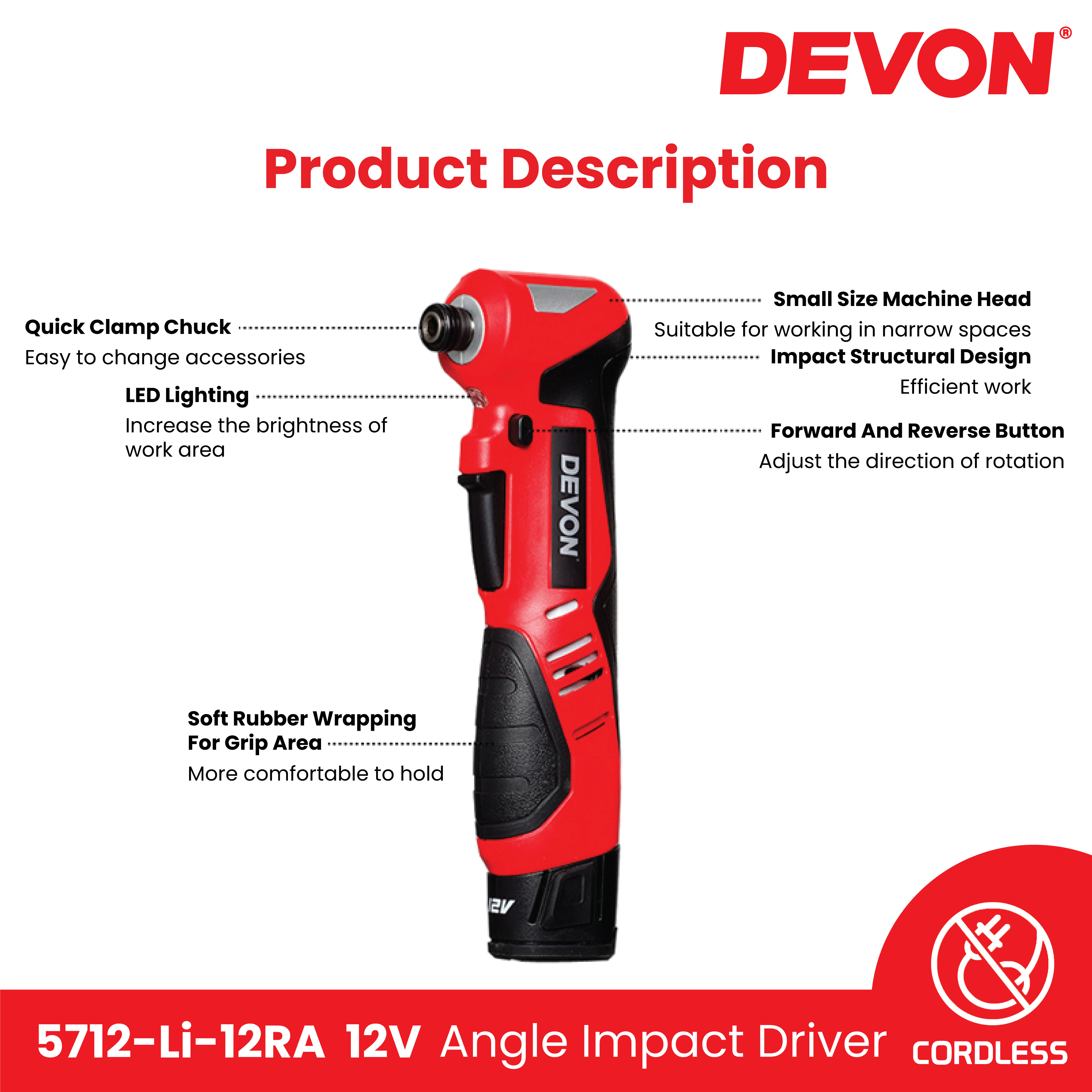 DEVON 5712-Li-12RA 12V Lithium-Ion Cordless Angle Impact Driver 1/4 ...