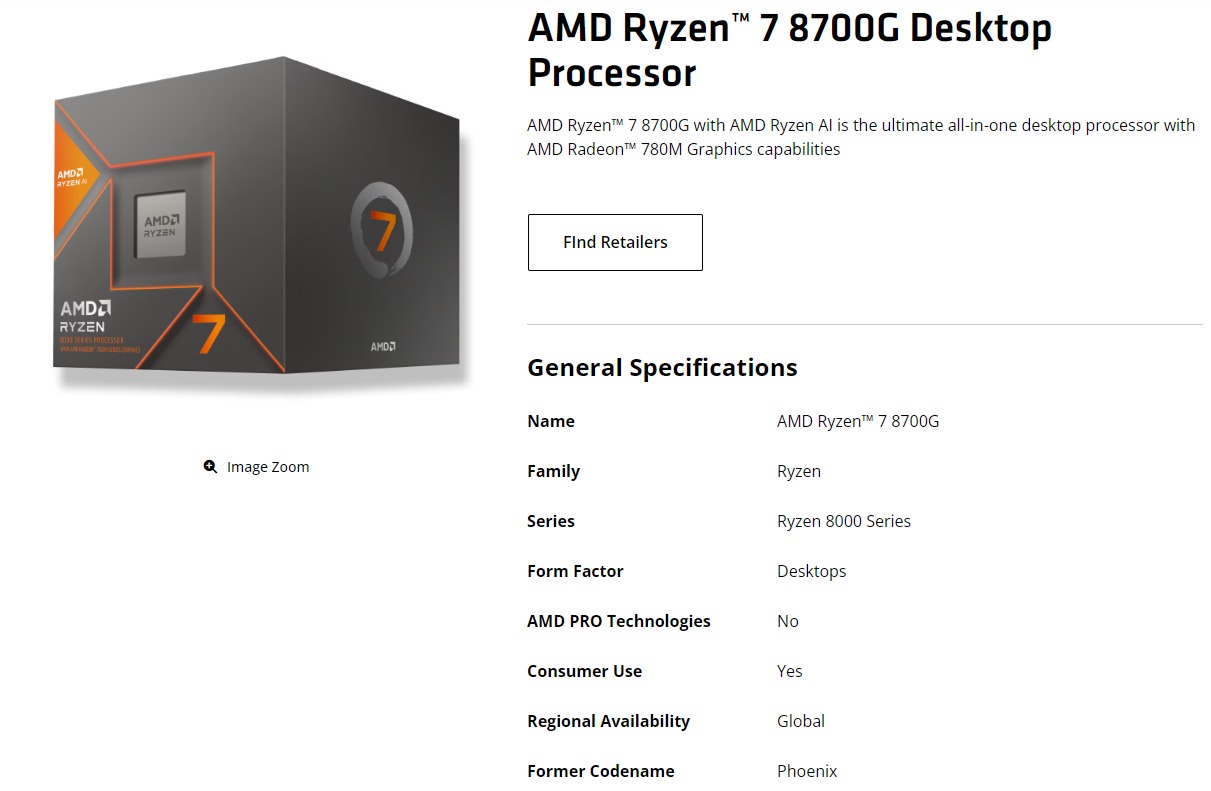 AMD Ryzen 7 8700G Socket AM5 Desktop Processor 8 Cores 16 Threads Up to 5.1GHZ Max Boost Clock ...