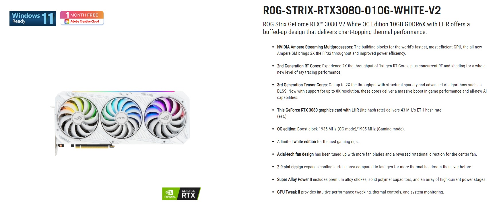 Asus RTX 3080 ROG STRIX WHITE OC V2 10GB GDDR6X Nvidia GeForce RTX3080 ...