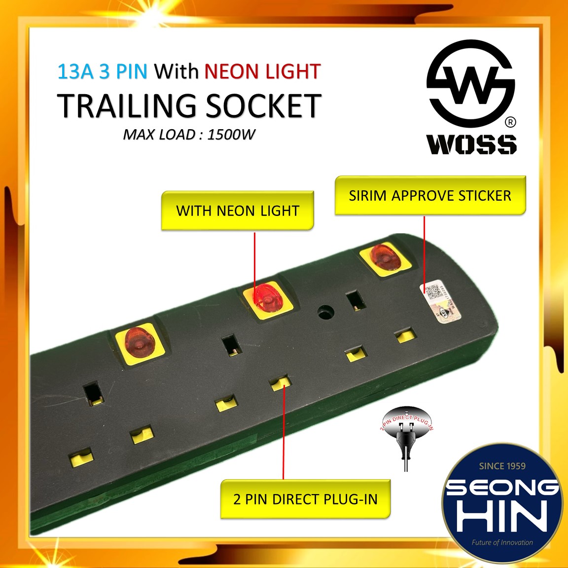 WOSS 3Pin Portable Trailing Socket with Neon 2 meter Cable / plug ...