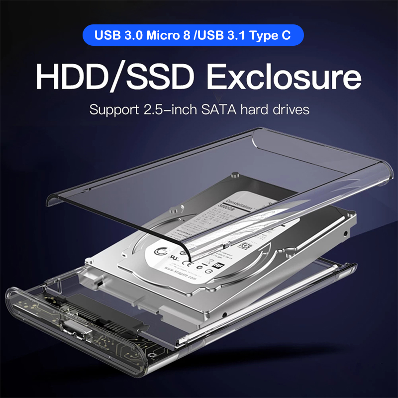 External Hard Disk Case 2.5 inch Free SATA to USB 3.0 Cable Transparent ...