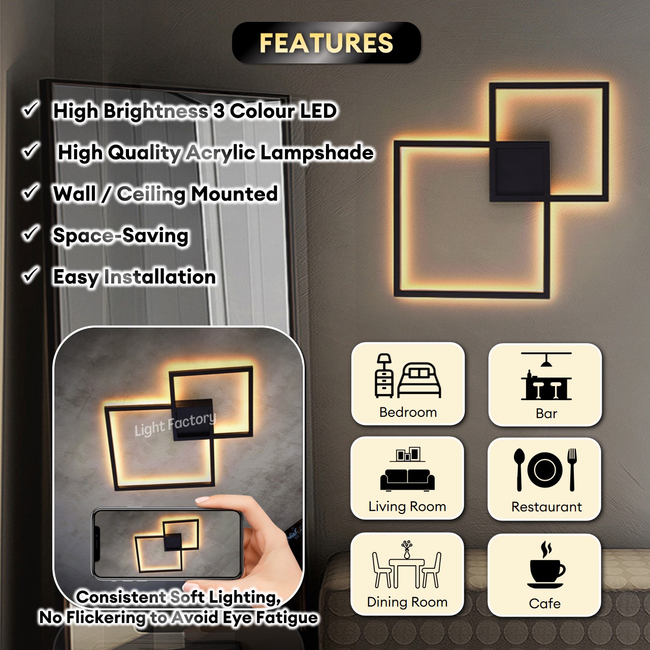 Decorative Ceiling Light Modern Nordic Wall Lamp Square 3 Colour LED ...