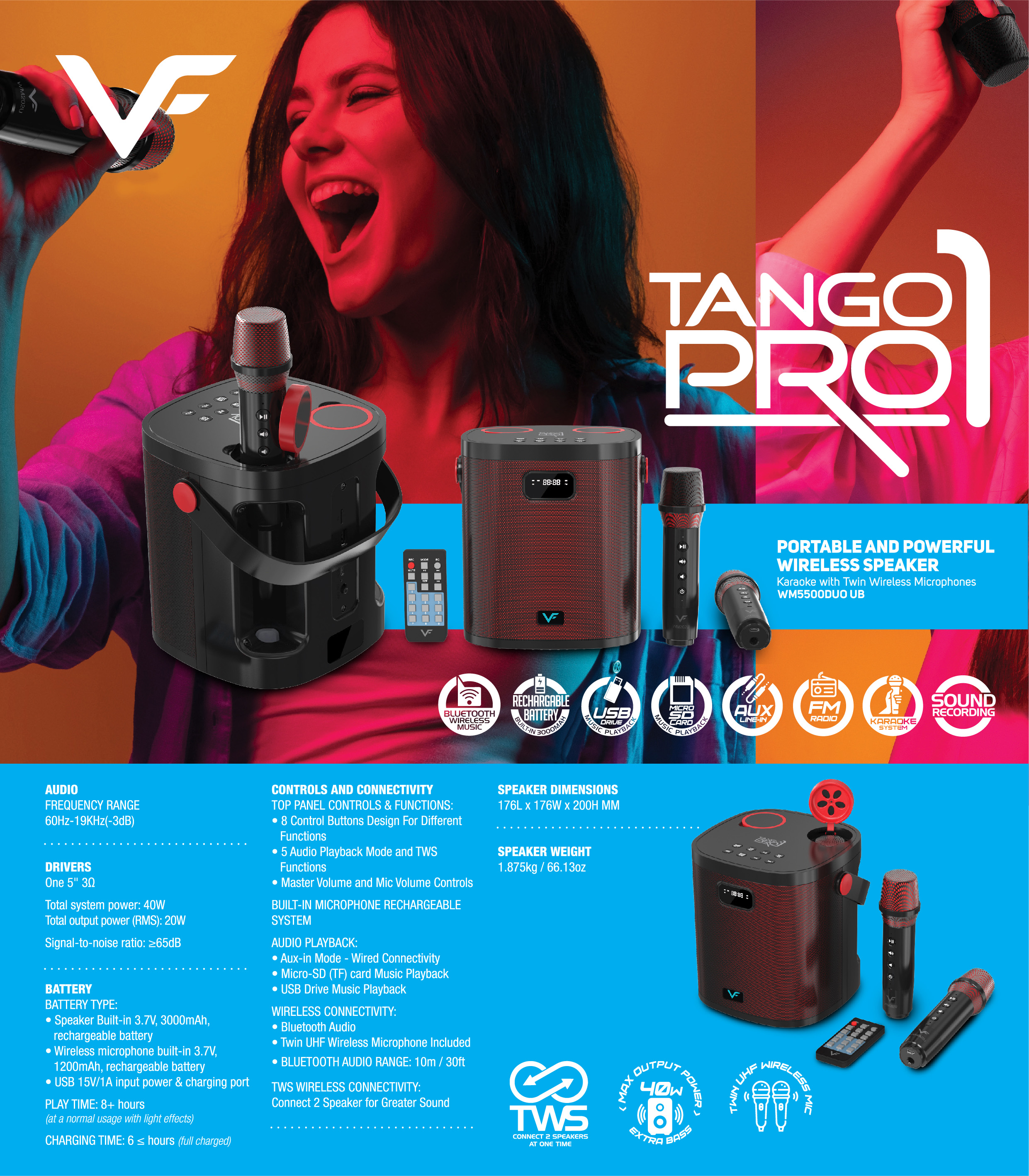 Vinnfier VF Tango Pro 1 Bluetooth Portable Karaoke Speaker with 2 Wireless Microphone | Shopee ...