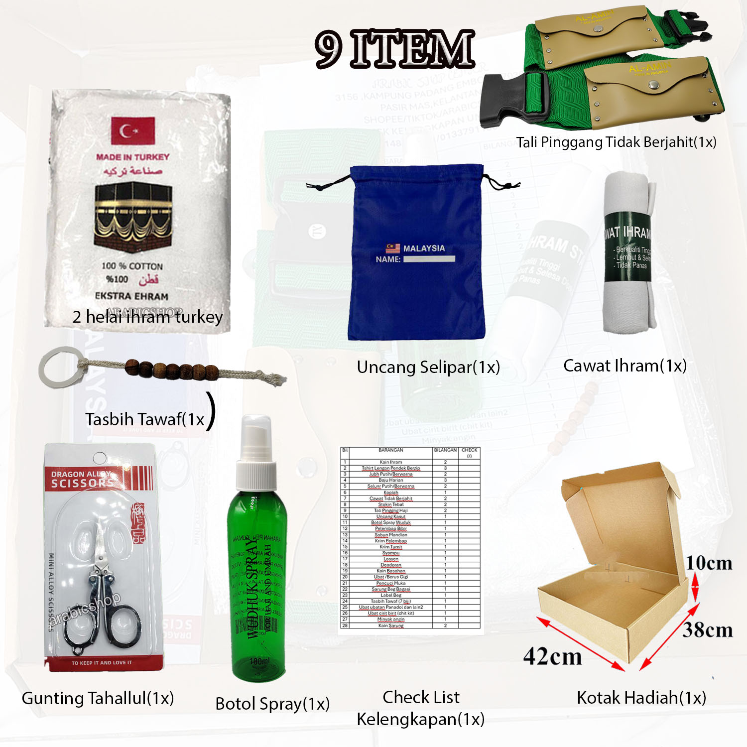 Starter Kit Haji Umrah 9 IN 1 Kain Ihram Turkey Cotton 100% Dewasa ...