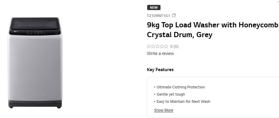 LG 9kg Top Load Washer T2109NT1G1 Washing Machine with Honeycomb ...
