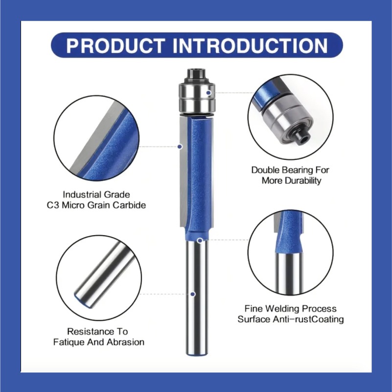 Straight Flush Trimming Router Bit Double Bearing 1/4" Shank Double ...