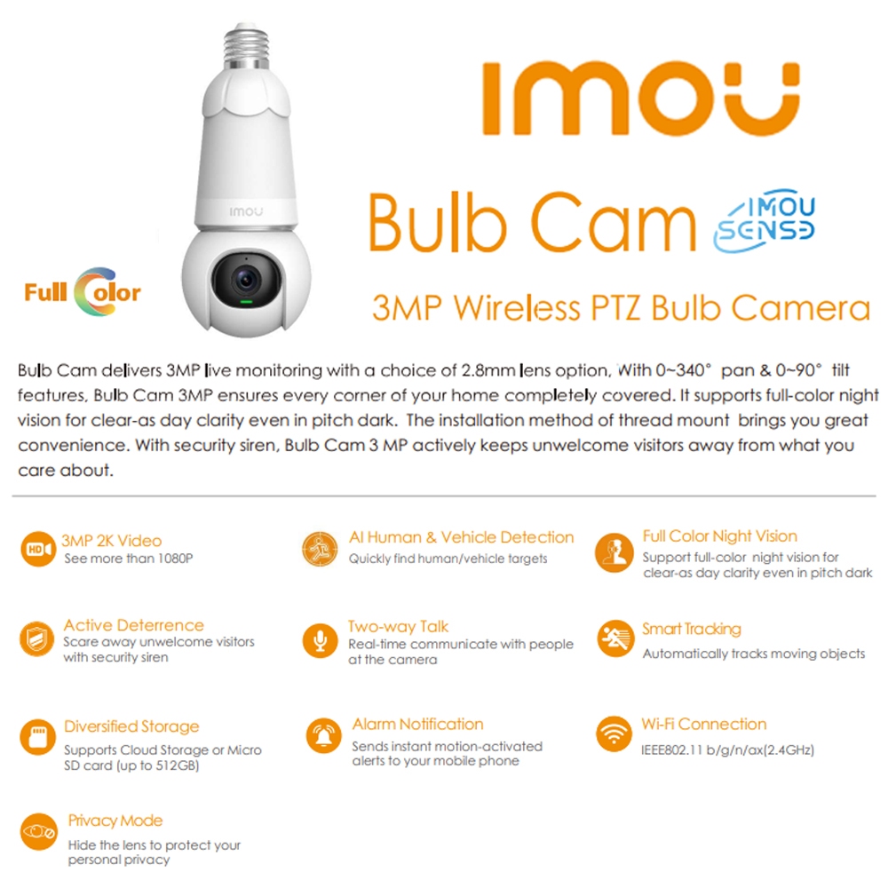 Imou PTZ Bulb Cam Light Bulb Camera 3MP 2K 360 Turning Color Night ...