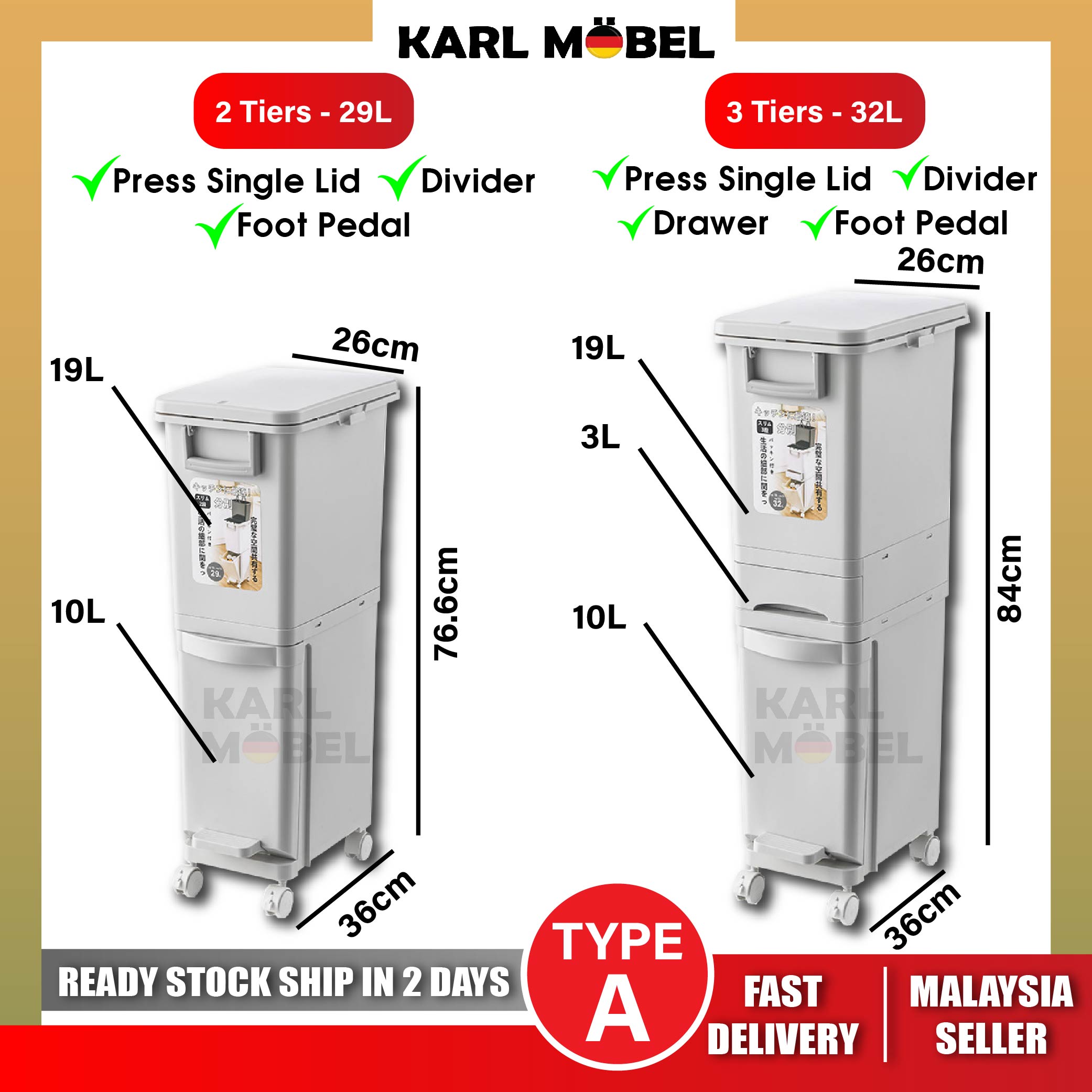 Dustbin Kitchen Moveable Rubbish Bin Tong sampah dapur bertutup tinggi ...
