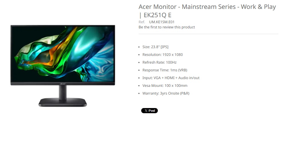 Acer 25" EK251Q E IPS FULL HD 100HZ 1MS VRB VGA HD-MI Gaming Monitor ...