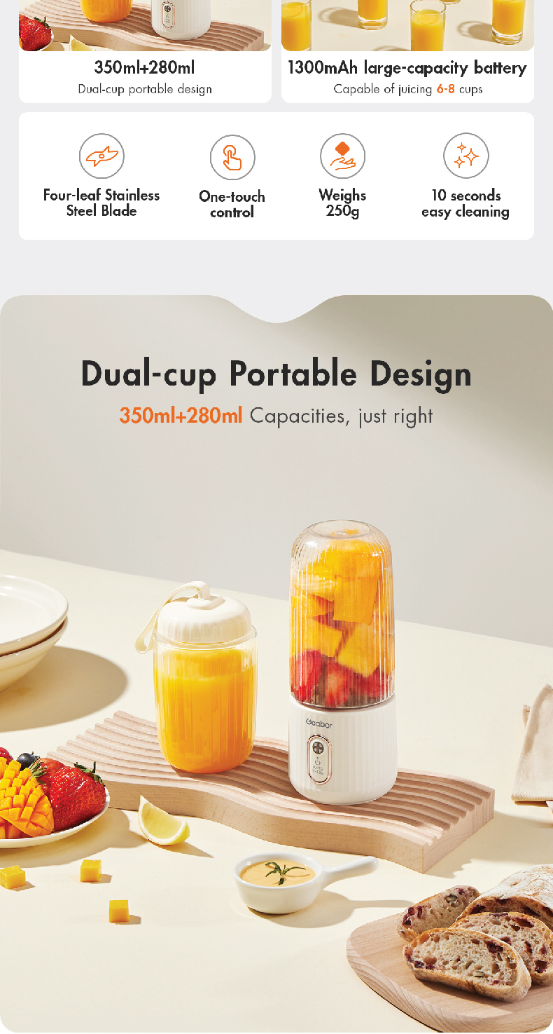 Gaabor High Capacity Wireless Portable Juicer Mini 6 Blade Dual Cup FP03T-WH01A Fruit Juicer ...