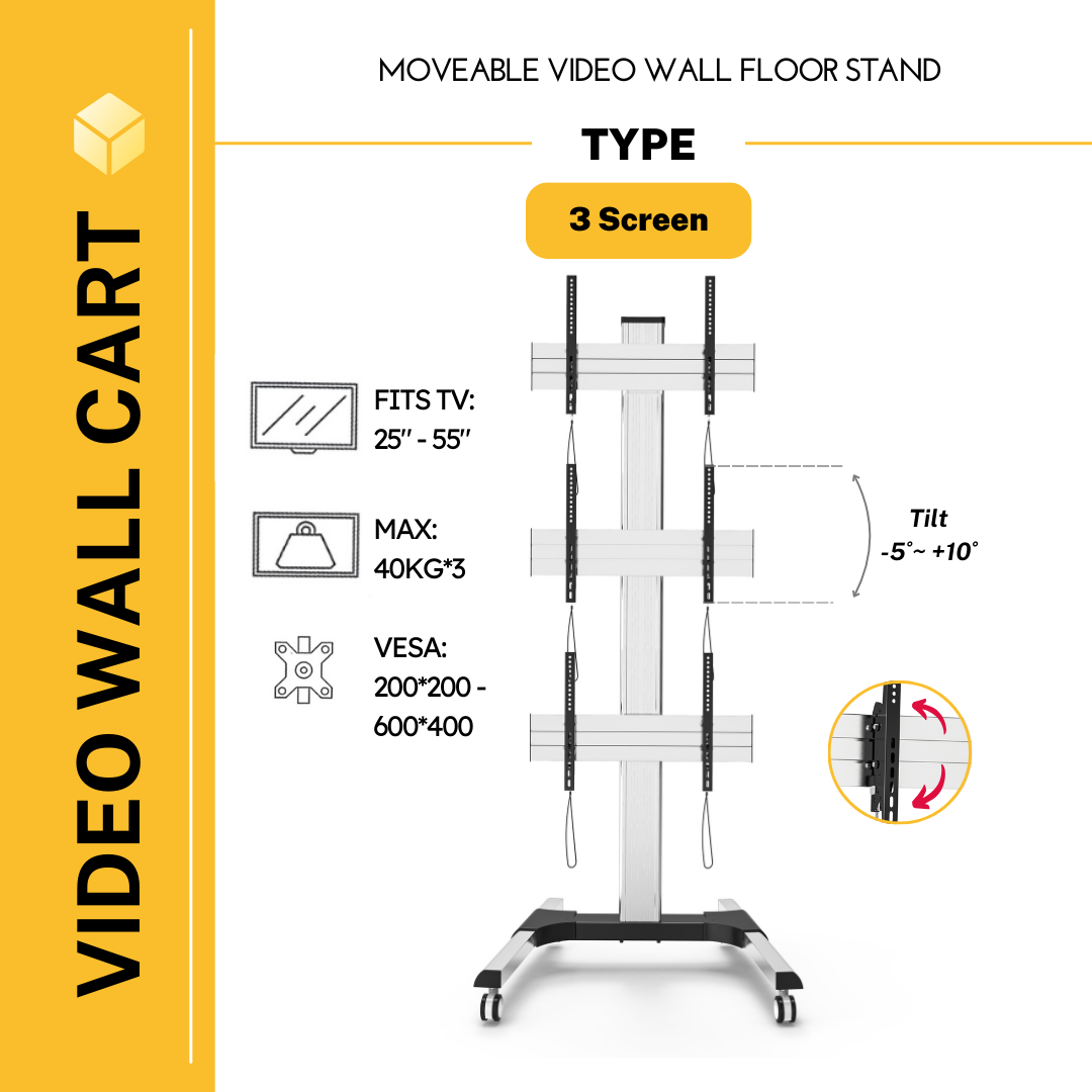 LED Video Wall Cart Moveable TV Floor Stand with Wheel for 2/3/4 LCD LED TVs 25-55" (2 Screen ...