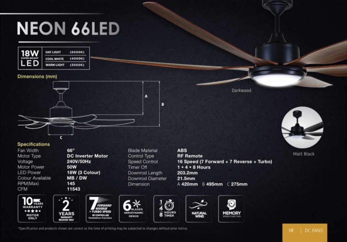 DEKA+ Neon 66” 6 Blade DC motor Remote Control Ceiling Fan / Kipas ...