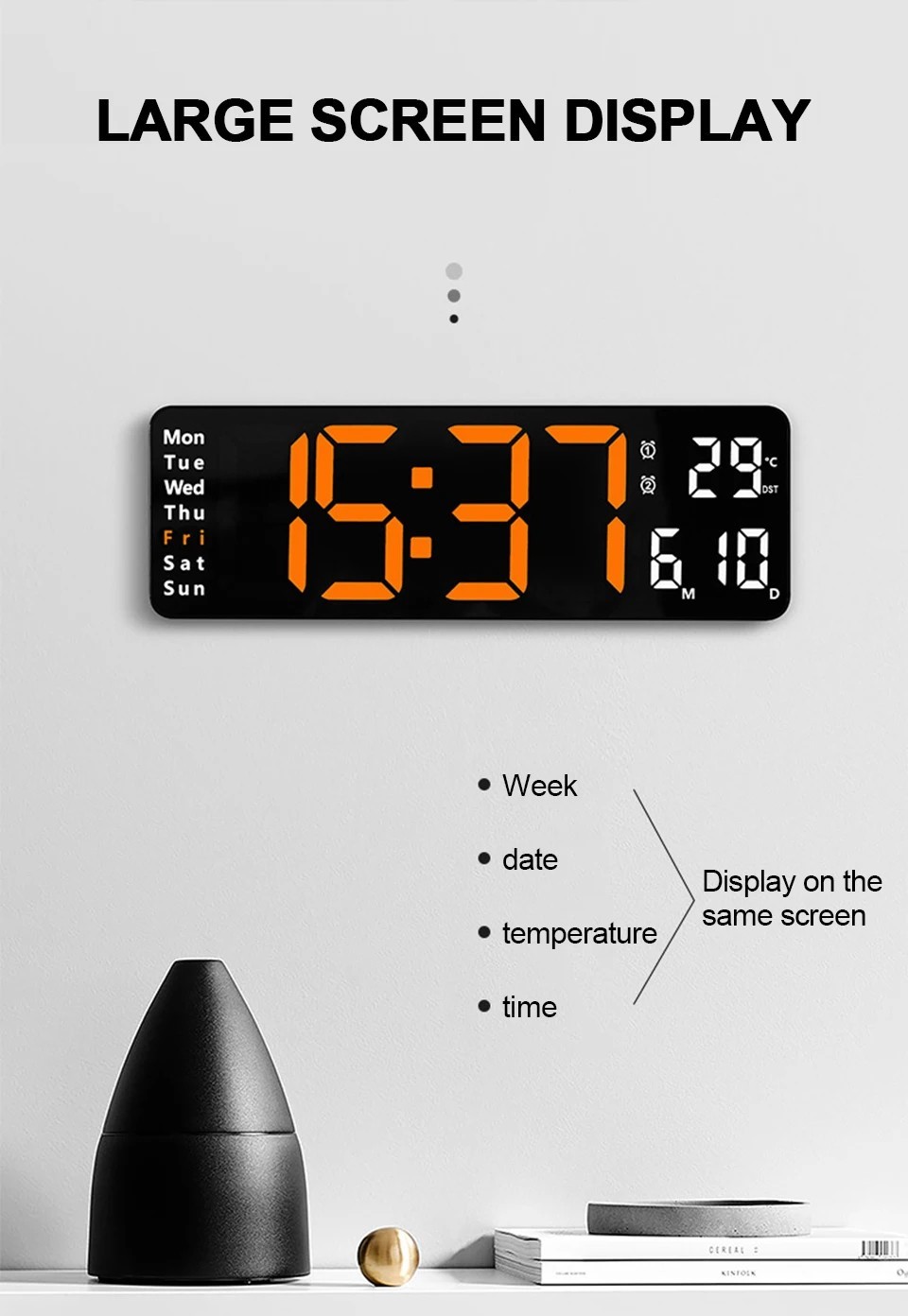 16” LED Digital Wall Clock Large Display Temperature and Humidity Night ...