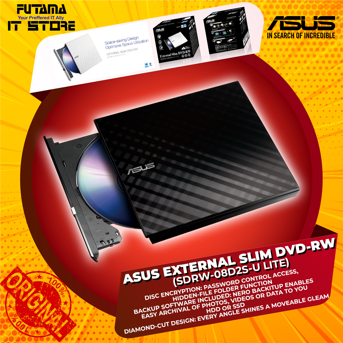 ASUS EXTERNAL SLIM DVD-RW (SDRW-08D2S-U LITE) - Portable 8X DVD Burner ...