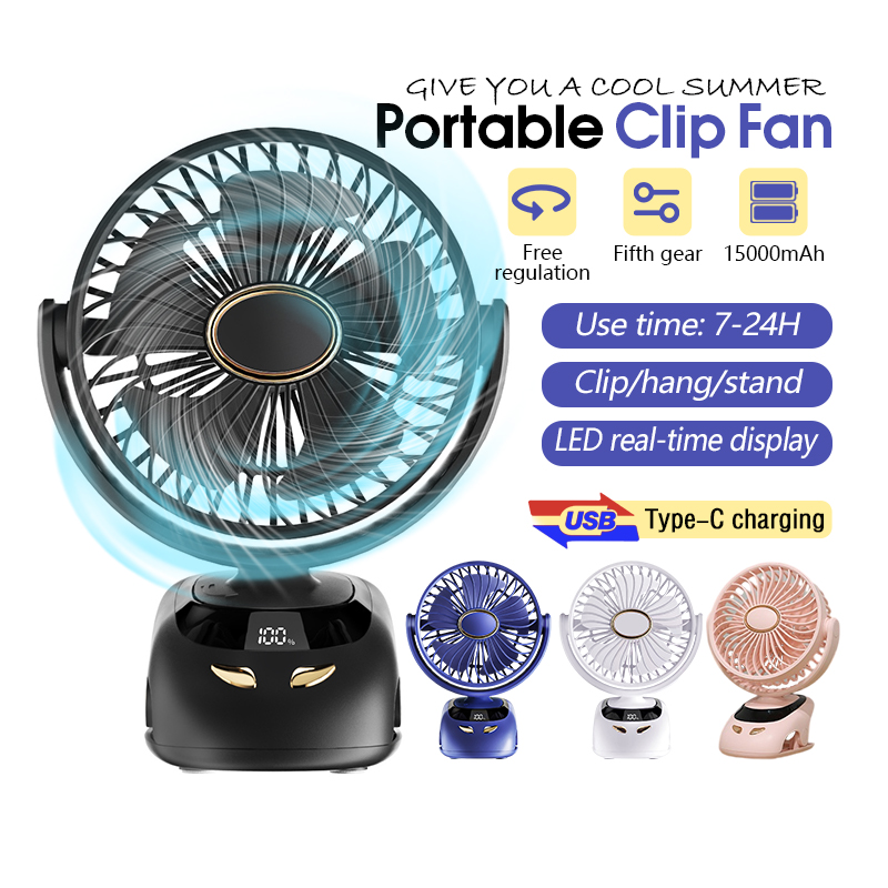 🧊15000mAh Rechargeable Mini Clip Fan Portable USB Kipas 5 Wind Speed ...