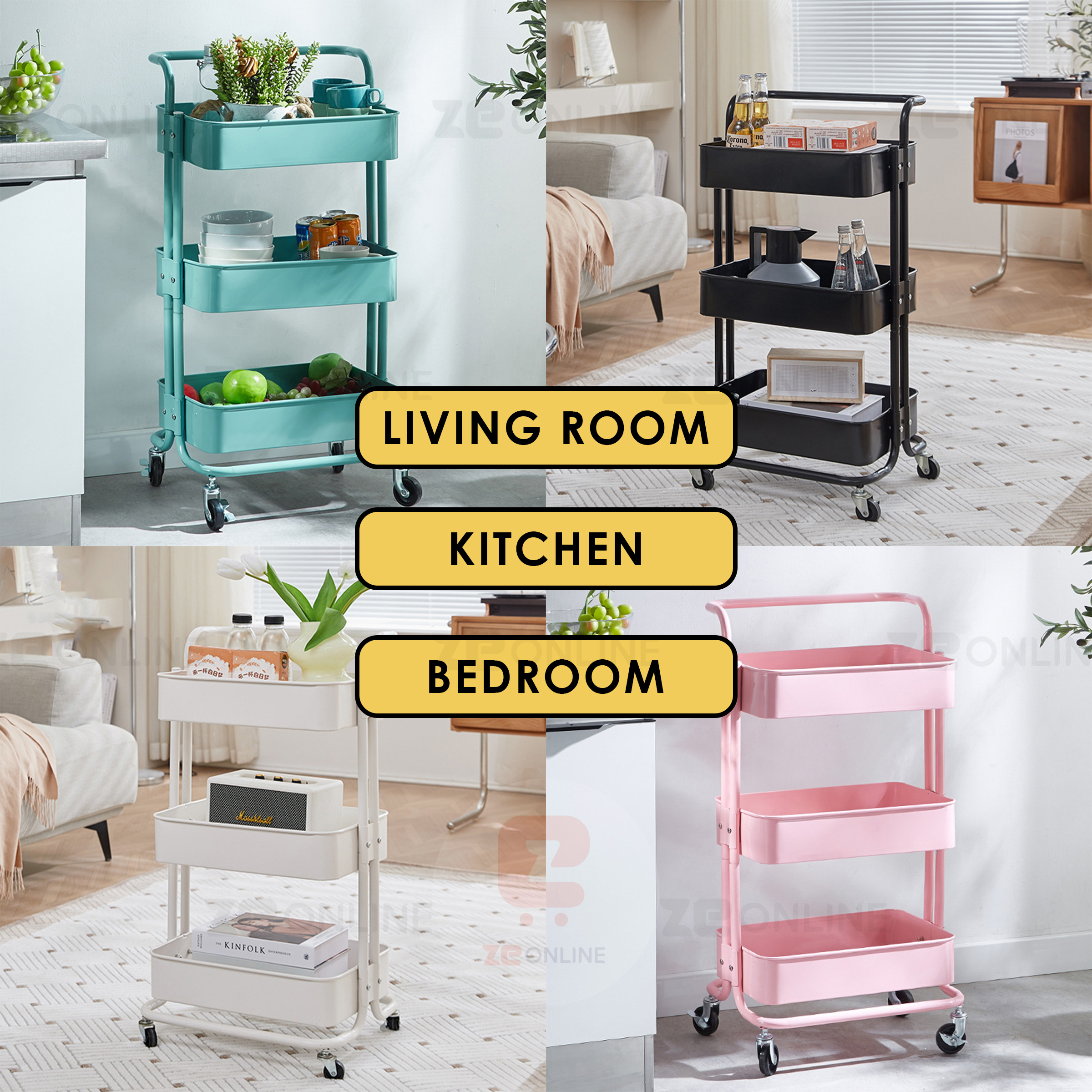 【100% Steel】3 Tiers Full Steel Trolley Rack/Shelves Kitchen Rack/Rak ...