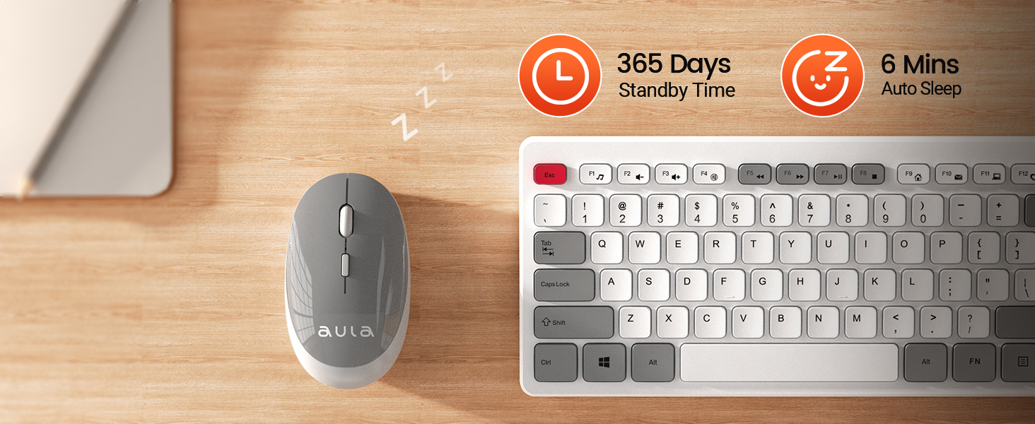 AULA AC308 Wireless Keyboard Mouse Set/ 2.4G Silent Full Size 108 Key ...