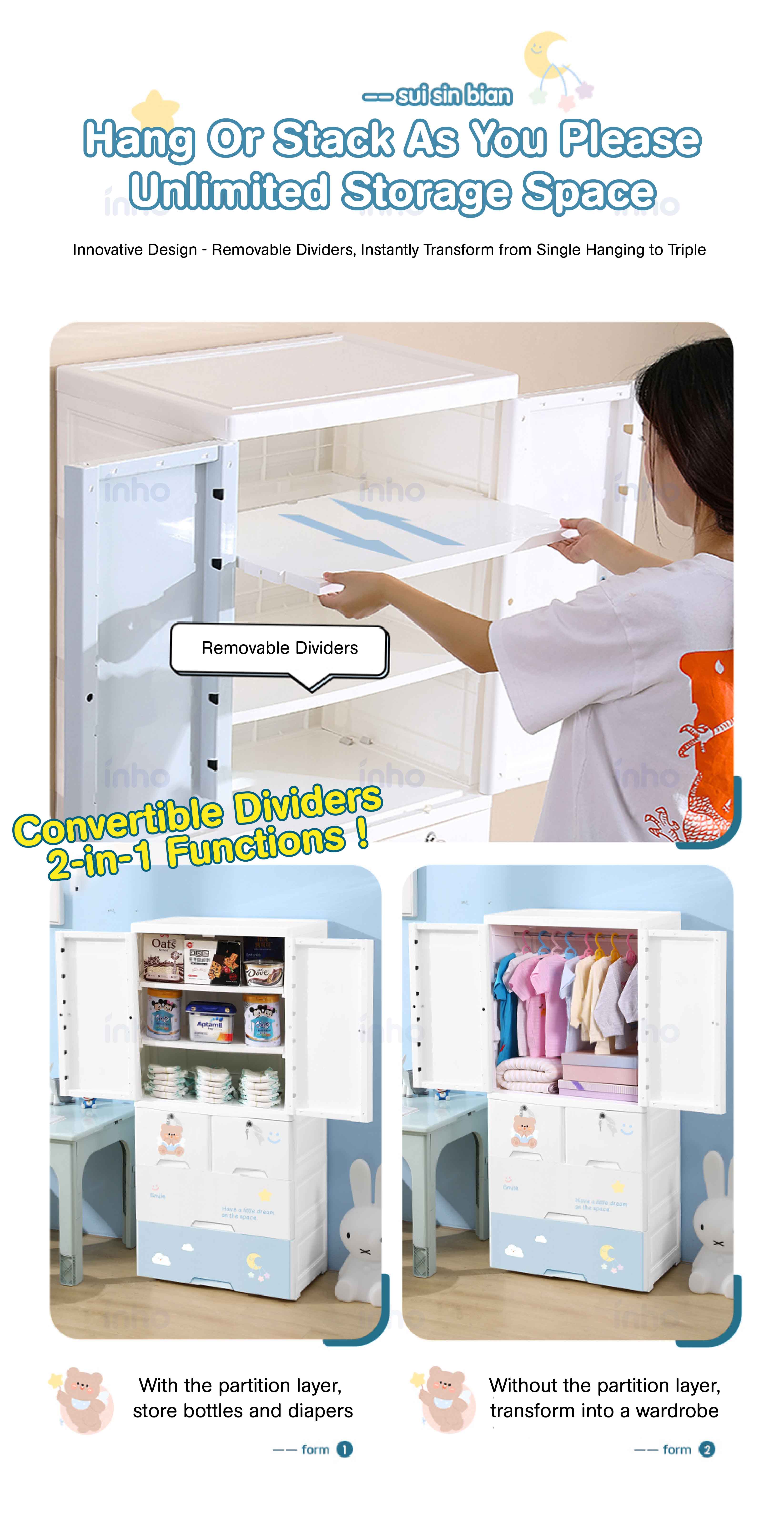 INHO L65cm Cute Cartoon Kids Wardrobe Clothes Cabinet With Lock ...