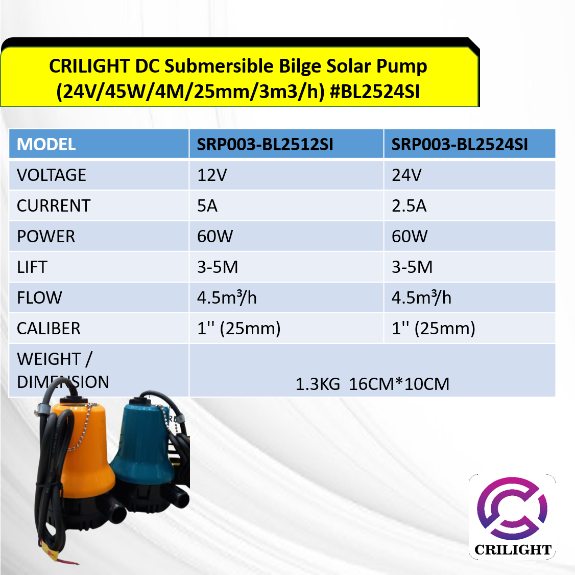 Crilight water pump PUMP AIR DC Submersible Bilge Solar Pump (12V/60W/4M/25mm/4m3/h) #BL2512SI ...