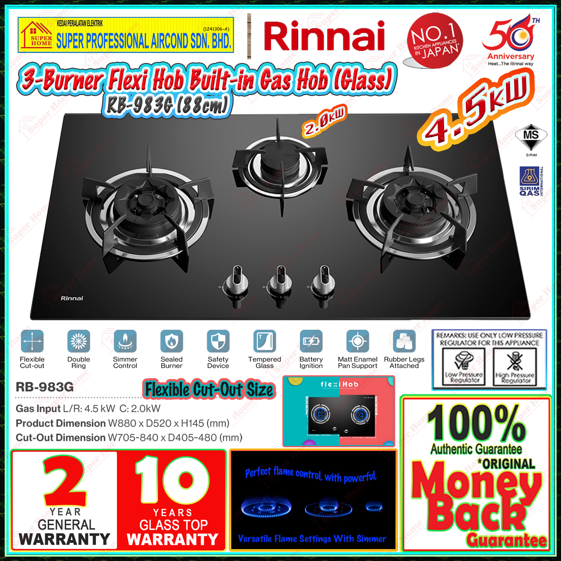 Rinnai Chimney Hood RH-C3819-PBW / Rinnai Gas Hob RB-983G 88cm (4.5kW) / Rinnai Built-In Oven RO ...