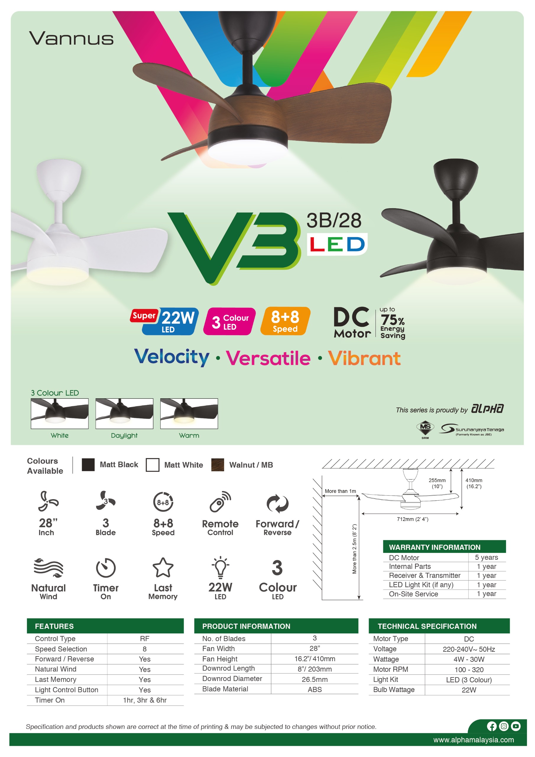 Alpha Vannus V3 52" 46" 40" 28" 3 Blade Ceiling Fan DC Motor with Remote Kipas Angin Siling ...