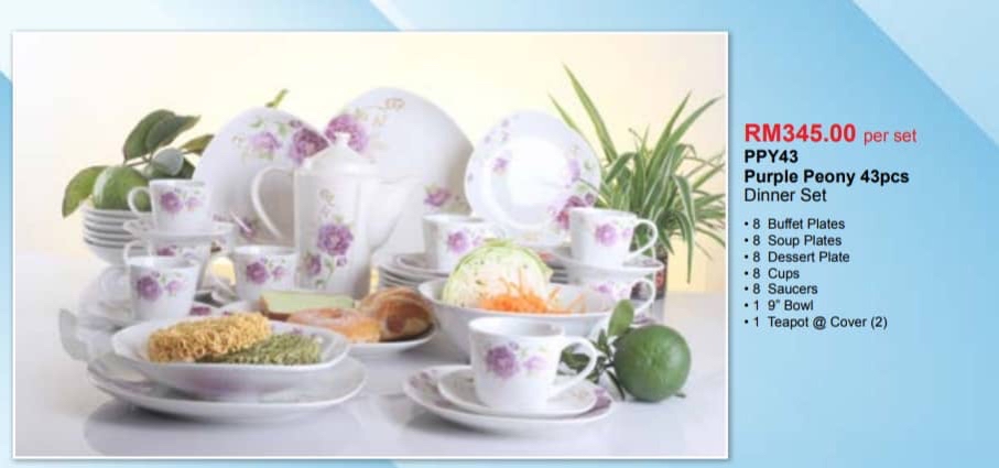 Mega Sales 43pcs FULL SET Pinggan Mangkuk Kaca Porcelain Purple Peony ...