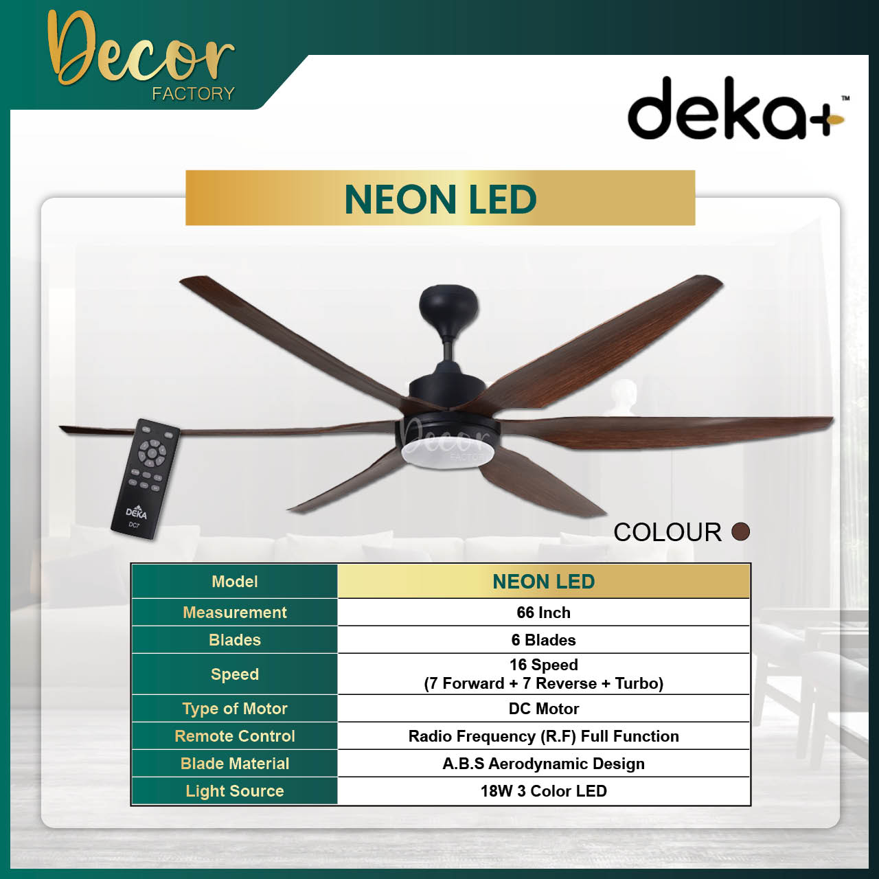 DEKA Fan DEKA+ NEON 66" 6 Blades 16 Speed DC Motor Remote Control ...