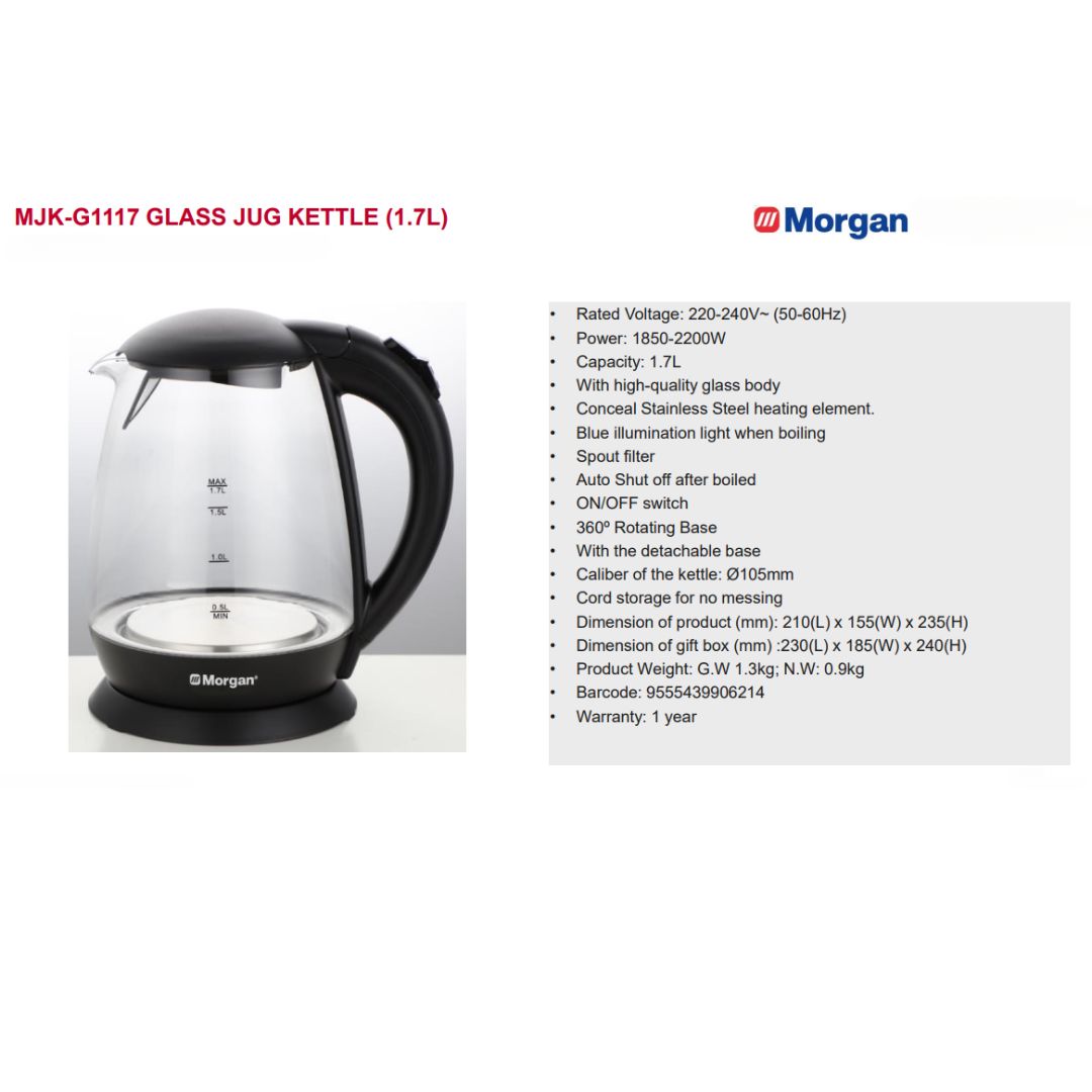 Morgan 2200W Glass Jug Kettle with High Quality Glass Body (1.7L) MJK-G1117 | Shopee Malaysia