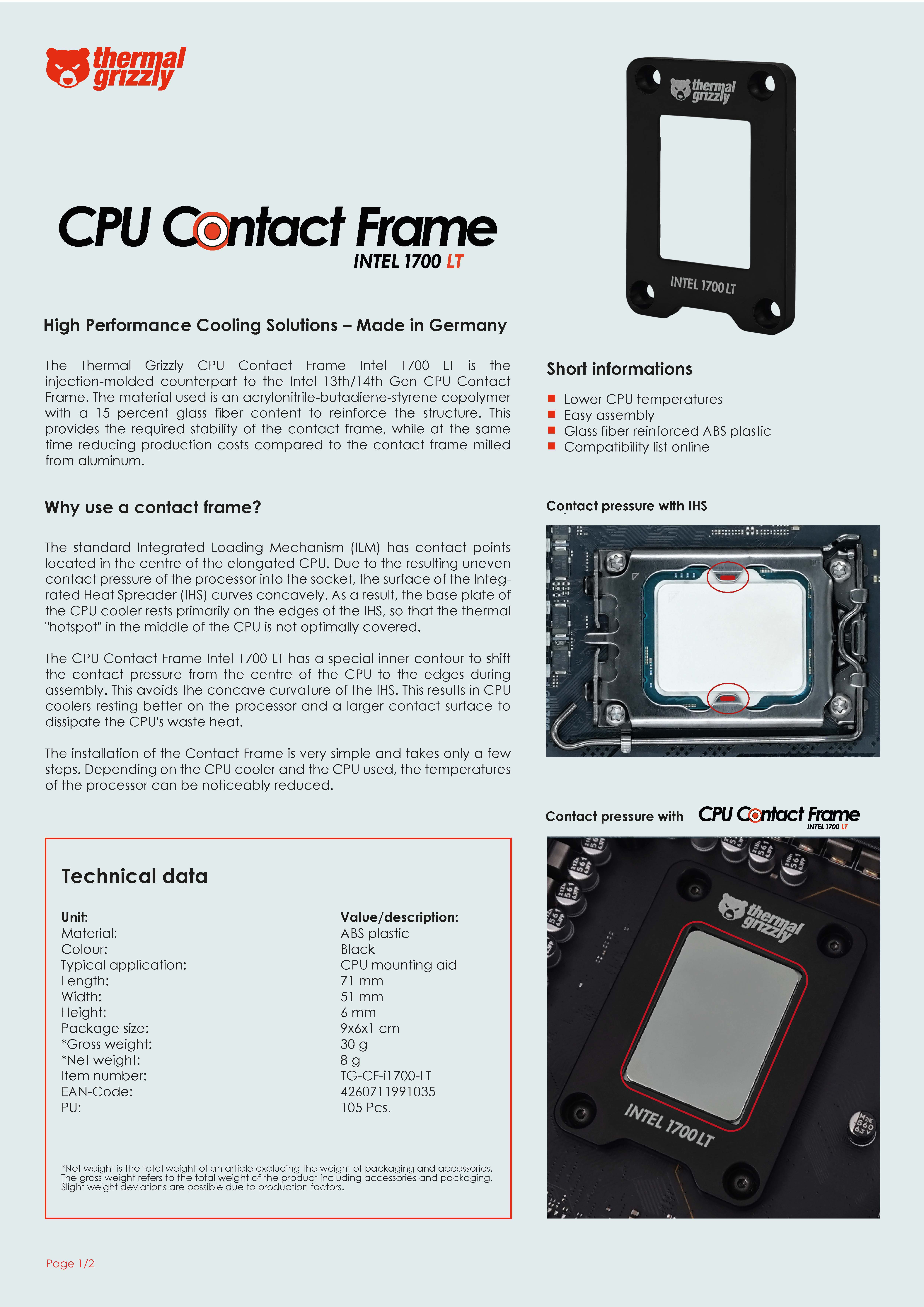 THERMAL GRIZZLY CPU Contact Frame for Intel 12th/13th Gen LGA1700 CPU ...