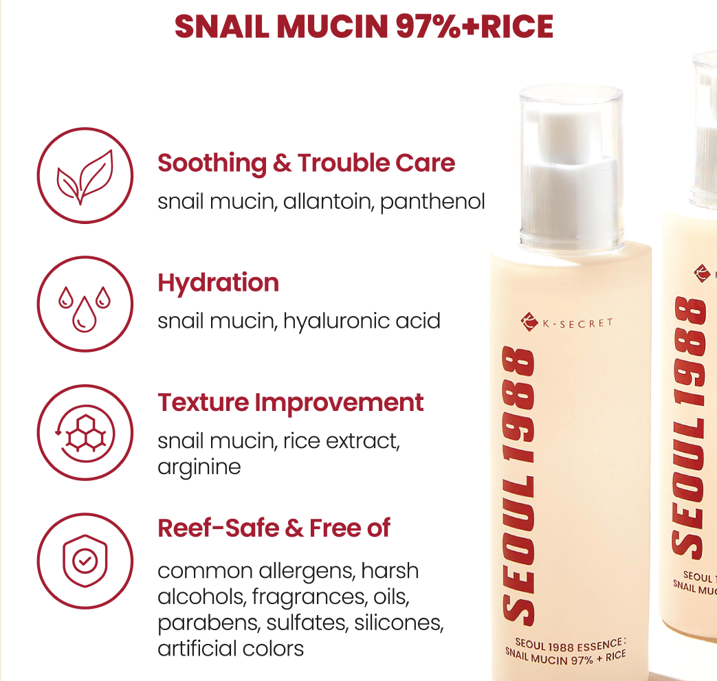 K-SECRET SEOUL 1988 ESSENCE Snail Mucin 97%+Rice 100ml/Sunscreen Pine Tree+Ceramide 50ml/Snail ...