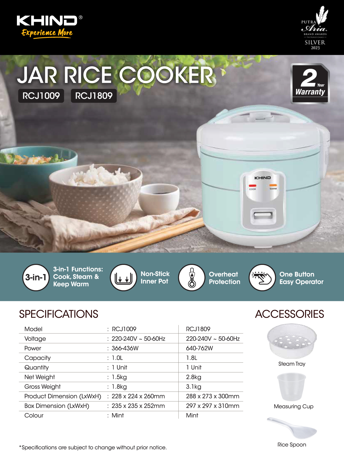 Khind 1.0L / 1.8L Jar Rice Cooker With Food Steamer Tray Periuk Nasi ...