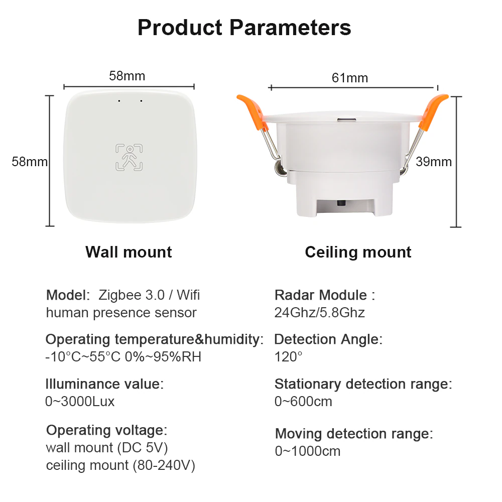 Ceiling Wall Mounted Zigbee 24G mmWave Presence Sensor LUX Luminance ...