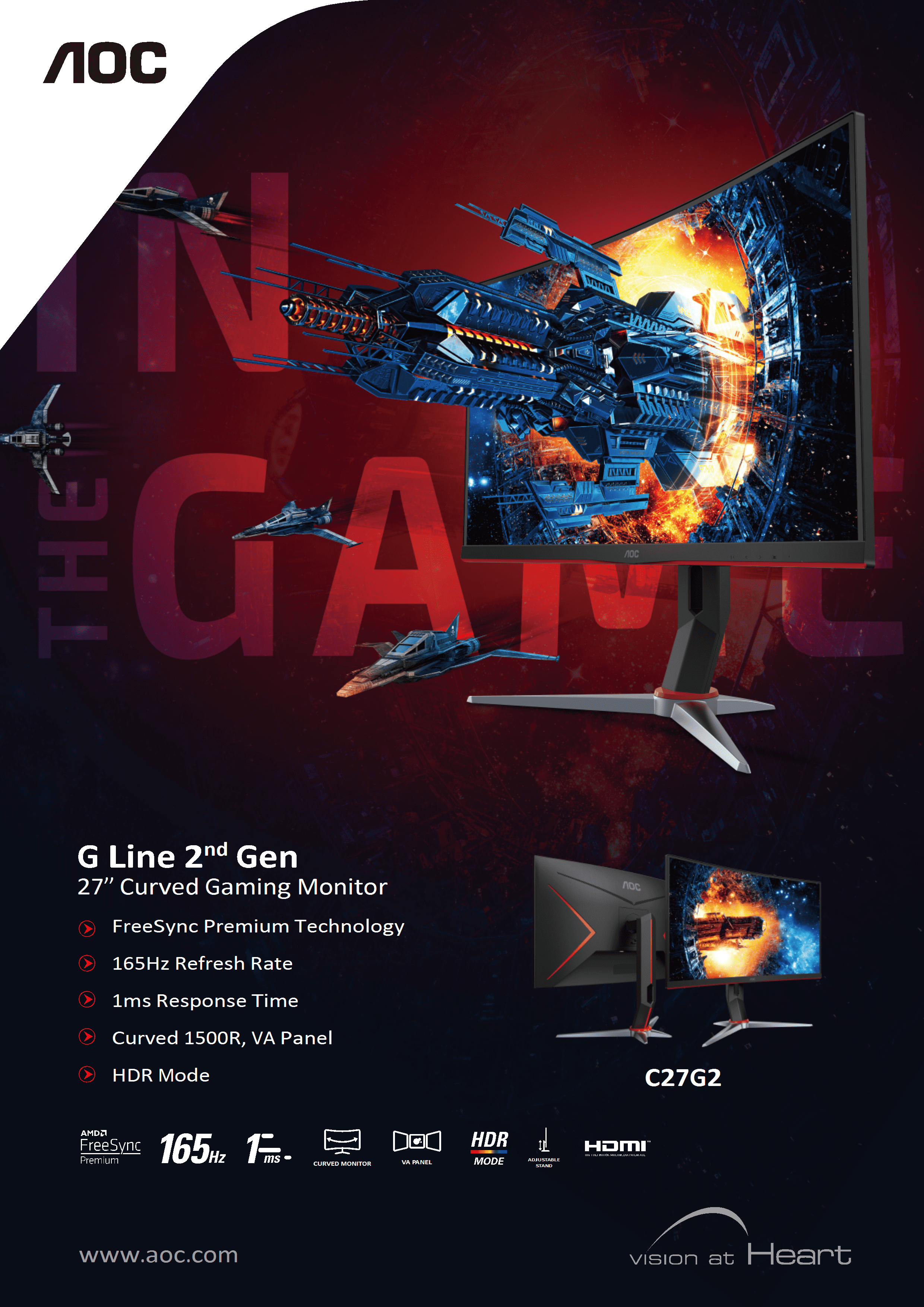 AOC C27G2 27" 165HZ 1MS FHD/AMD FREE SYNC PREMIUM/HDR10/CURVED GAMING ...