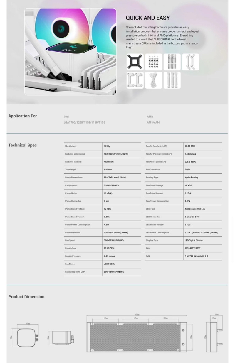 Deepcool LS520 / LS720 SE Digital Black / White Series AiO CPU Cooler ...