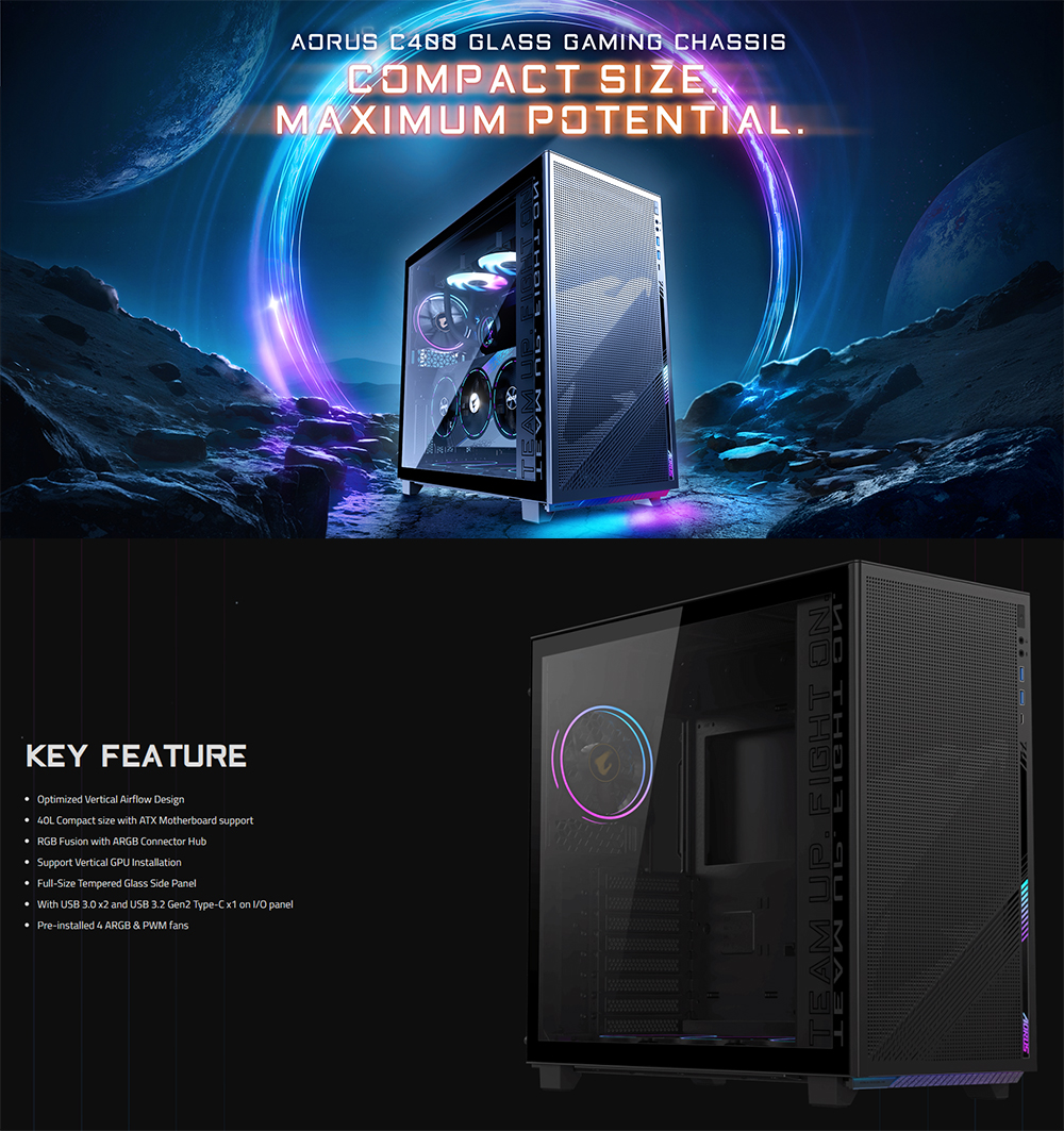 Gigabyte AORUS C400 Glass Mid Tower PC Case RGB Tempered Glass Side ...