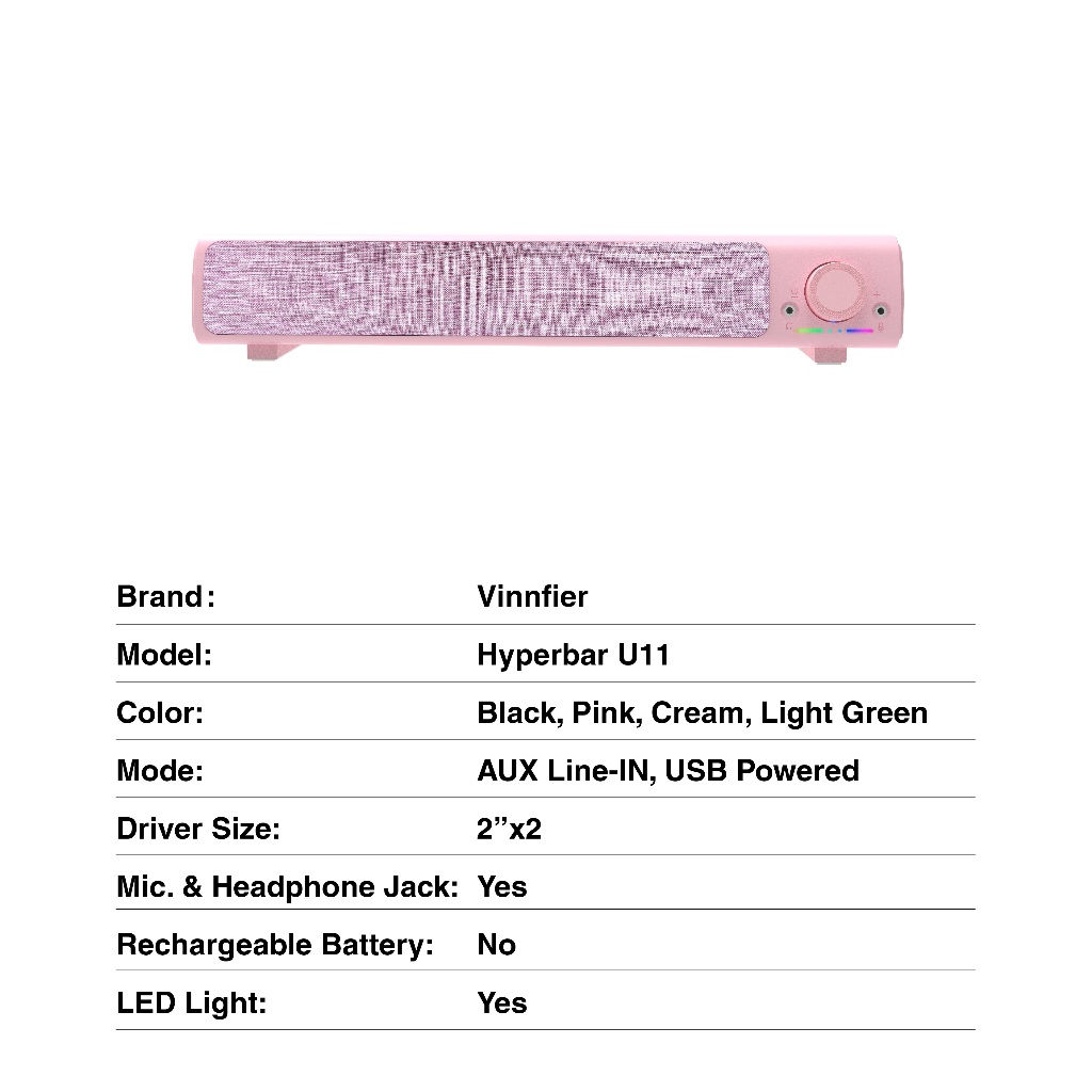 Vinnfier Hyperbar U11 USB Powered Soundbar - Black/Cream/Pink/Light ...